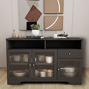 Kitchen Buffet Sideboard, Cabinet Storage Buffet Cabinet with Storage 46” 3 Glass Door and Adjustable Shelves, Modern Sideboard Wood Coffee Bar Cabinet