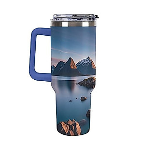LLUTSNTH 40 Oz Vacuum Tumbler with Deep Blue Handle Leakproof Insulated Tumbler Norway Islands Stainless Steel Travel Mug with Lid And Straw Coffee Cup Cute Water Bottles Cup Holder Friendly