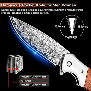 KOMWERO Damascus Pocket Knife, Sharp Damascus Steel Knife with Core VG10 Steel Blade Wood Handle, Folding Knife with Clip for Men Hunting, 60 HRC, Blade Length 3.34"