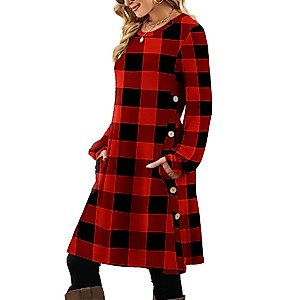 Glanzition Plaid Dress for Women Christmas Knee Length Tunic Dresses Red L