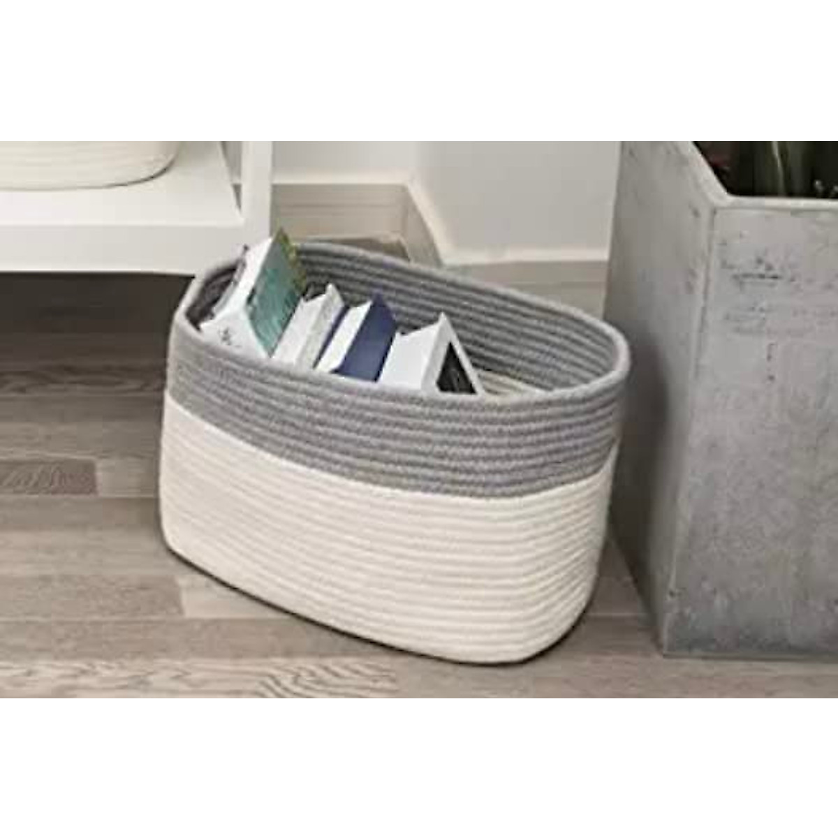 RoomForLife - Oval Cotton Rope Basket - 18 Inch Diameter - Gray/White Color - Open Top Storage
