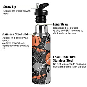 Basketball Football Sports Kids Water Bottle Thermos with Straw School Vacuum Insulated Stainless Steel Thermos Bottle Cup Leakproof Sport Travel Cup Mug Handle for Boys Man Women 20 OZ