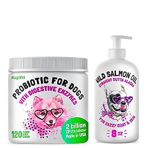 LEGITPET Probiotics for Dogs with Natural Digestive Enzymes + Prebiotics for Allergy & Itch Relief 120 Soft Chews and Wild Alaskan Salmon Oil for Dogs & Cats Bundle