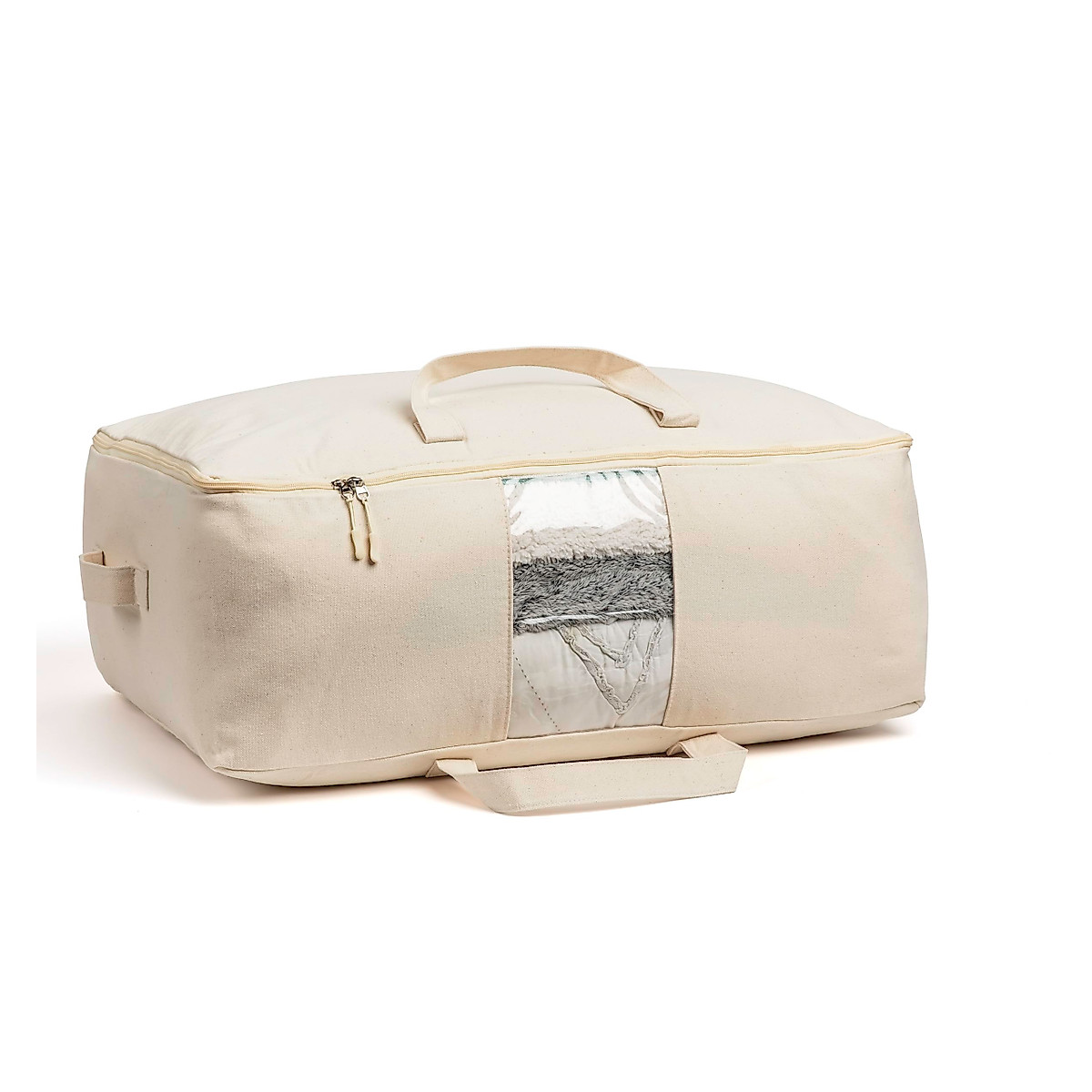 Soft Canvas Storage Bags with Zipper. Thick Breathable, 1pc King/Queen Comforter Organizer. Four Carrying Handles and Window. Large 25x19x9in Bag for Sheets Blankets Bedding Pillows, Clothes