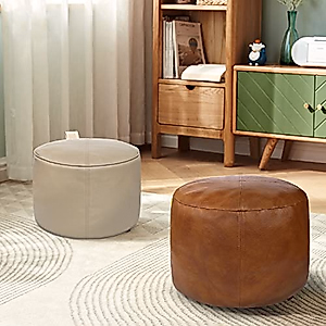 Thgonwid Unstuffed Faux Leather Pouf Cover, Handmade Footstool Ottoman Storage Solution, Floor Footrest Cushion - 16.5”x12.5”, Amaretto