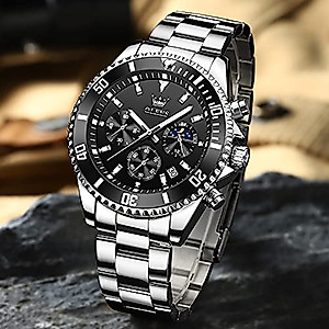OLEVS Black Silver Watches for Men Classic with Date Business Dress Chronograph Big Face Reloj para Hombre Waterproof Luminous Mens Wrist Watch Analog Party Fashion Stainless Steel Man Watch