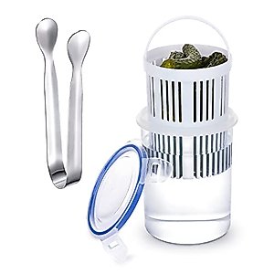 JASREE Pickle Jar with Strainer Insert, Deli Food Storage Containers with Lids and Mini Tong Pickles Flip Jar Pickle Storage Container for Olive Jalapeno Juice Food Storage