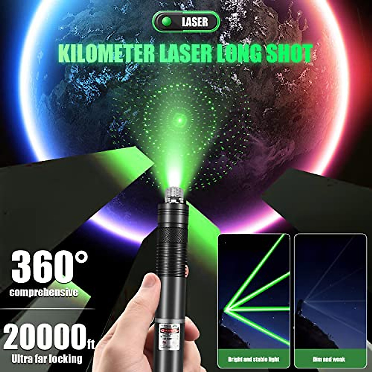 FUOOX Green Laser Pointer High Power Tactical Flashlights, Long Range 20000 Feet Powerful Flashlight with Laser Pointer, USB Rechargeable Laser Pointer for Presentations