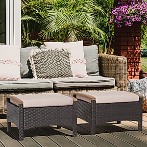 ORALNER Outdoor Ottoman, Set of 2 Rattan Footstools, All-Weather Wicker Foot Stools w/Removable Cushions, Patio Footrest Extra Seating for Porch, Poolside, Garden, Deck, Easy Assembly (Brown)