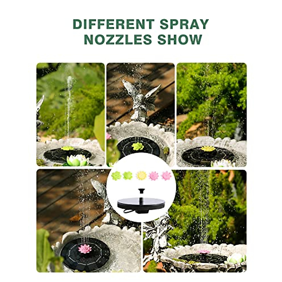 Xinhong 1.4W Solar Bird Bath Fountain, Solar Fountain Pump for Bird Bath with 6 Petal Nozzles, Solar Powered Fountain Pump Outdoor Watering Submersible Pump for Pond, Pool, Garden, Fish Tank