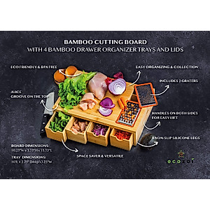 ecozoi Bamboo Cutting Board with 4 Slide Out Drawers with 4 Bamboo Lids for Easy Storage, Non Slip Meal Prep Station, Chopping Board, Wooden Butcher Block with Juice Groove and 2 Bonus Graters