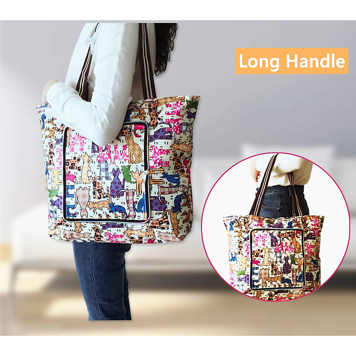 couragejoy Reusable Shopping Bags Foldable Washable Waterproof Large Grocery Bags Heavy Duty Long Handles With Zipper Attached Pouch Sturdy Daily Bags For Working Traveling(cat patern)