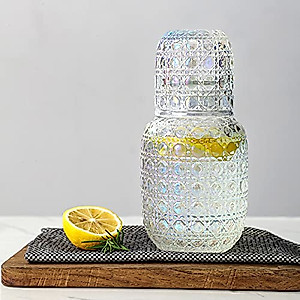 JASREE Vintage Bedside Water Carafe With Tumbler, 14.8Oz Nightstand Glass Carafe with Cup Clear Juice Pitcher Mouthwash Decanter Bottle for Kitchen Bedroom Bathroom