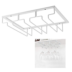 Jenngaoo Hanging Iron Wine Cup Rack, Right Angle Wine Hanging Glasses Hanger, White Under Cabinet Stemware Wine Glass Holder Kitchen Bar Display Shelf (3 Rows)