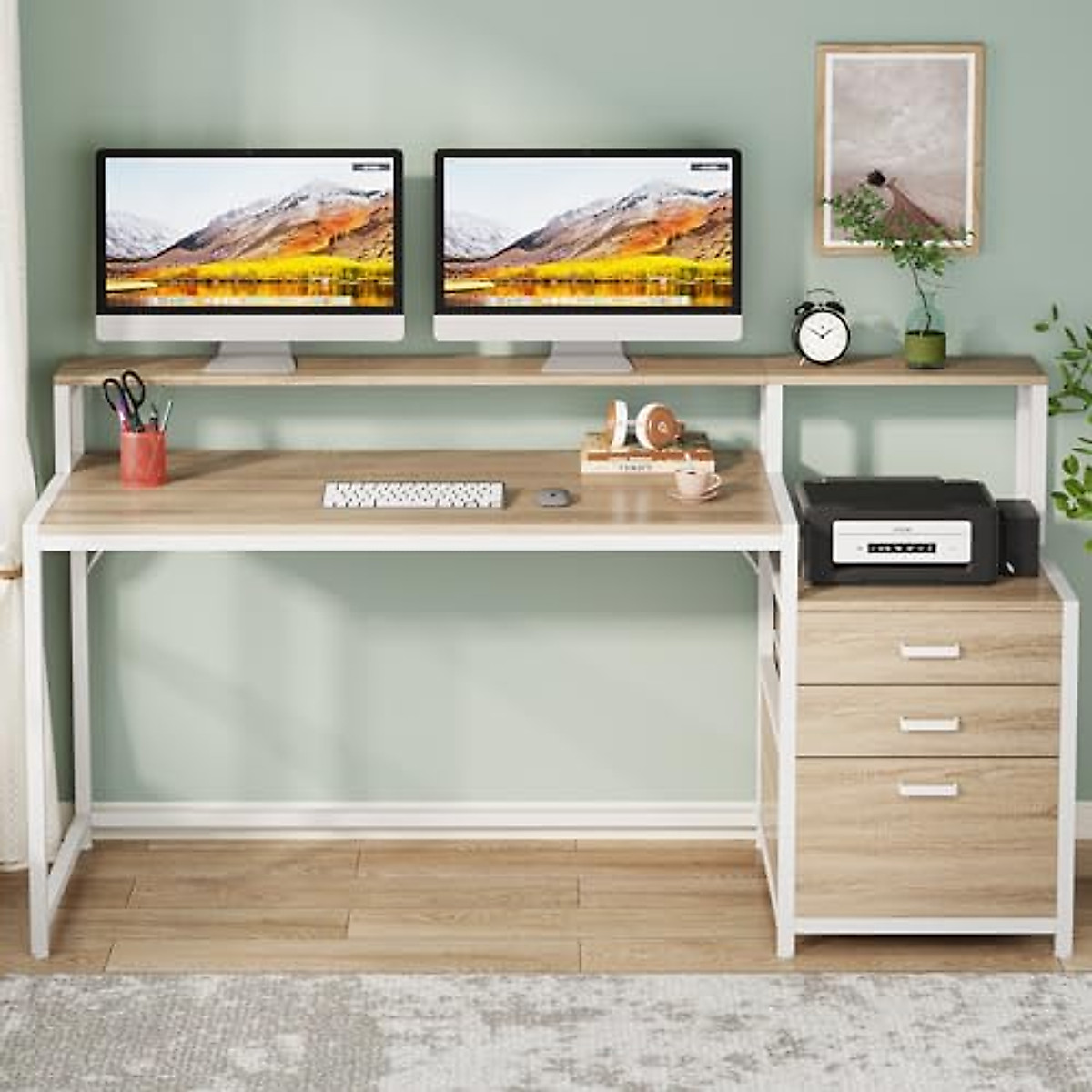 LITTLE TREE 63 Inch Computer Desk with File Drawer Cabinet, Home Office Desks with Ergonomic Monitor Stand