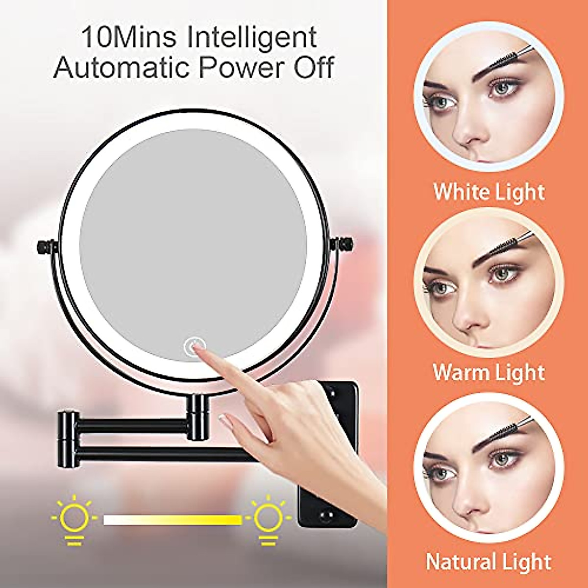 LANSI Rechargeable Wall Mounted Lighted Makeup Mirror, Mounted Makeup Magnifying Mirror with Lights,10X LED Vanity Mirror Wall Mounted, 8" Wall Bathroom Shaving Mirror (Black)