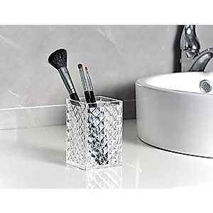 4 Piece Square Plastic Bathroom Accessories Set, Clear Diamond Pattern Bathroom Accessories Soap Dispenser, Toothbrush Holder, Tumbler and Soap Dish.