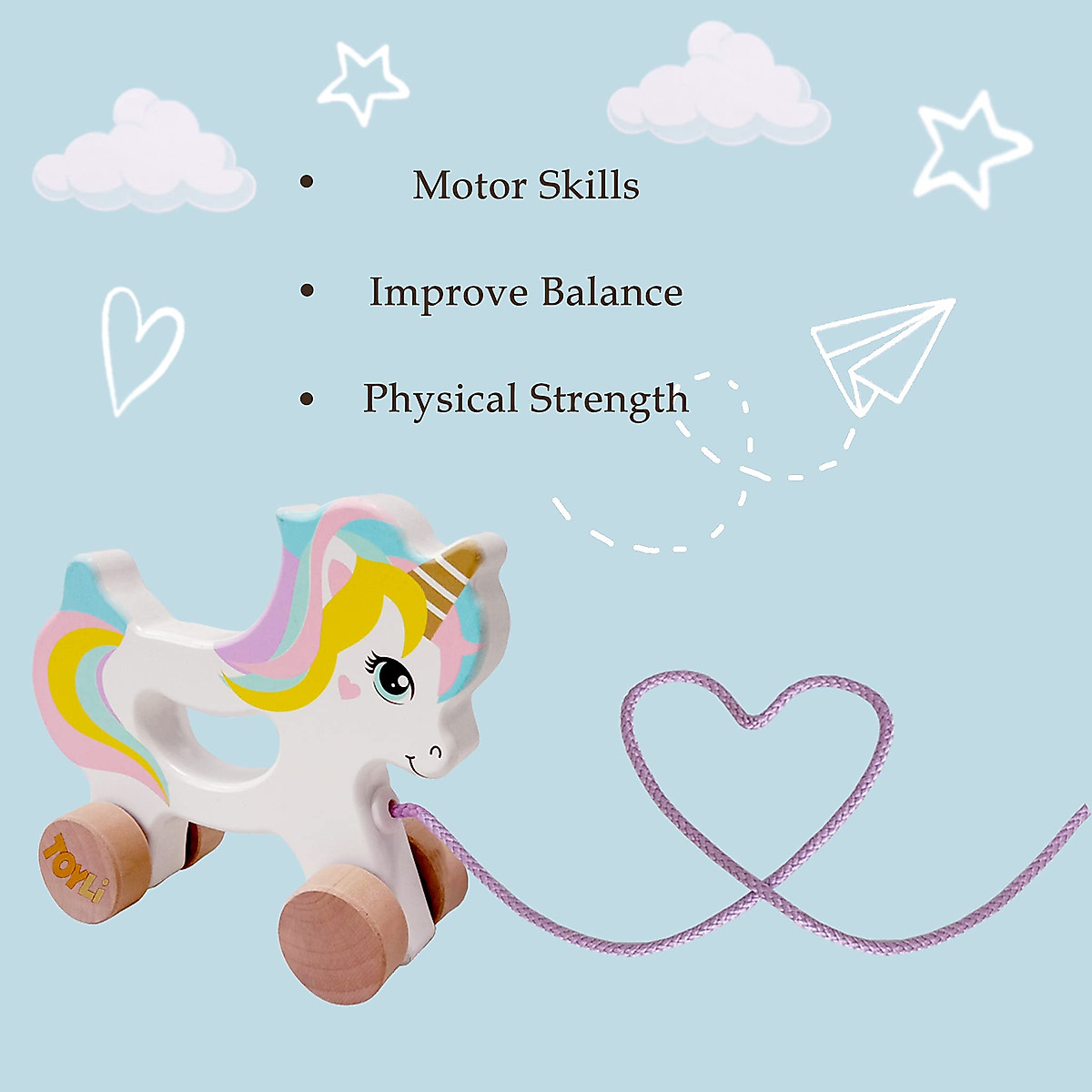 TOYLI Wooden Unicorn Push & Pull Along Toy Developmental Montessori Toddler Pull Toys Improves Balance Strength Confidence for Infants Develop Cognitive Skills Baby Toddlers 18 Month Pull Toy
