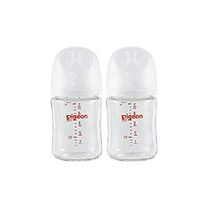 Pigeon Glass Nursing Bottle Wide Neck, Streamlined Body, Natural Feel, Easy to Clean, Heat-Resistant, 5.4 Oz(Pack of 2), Includes 2pcs SS Nipples (0m+)