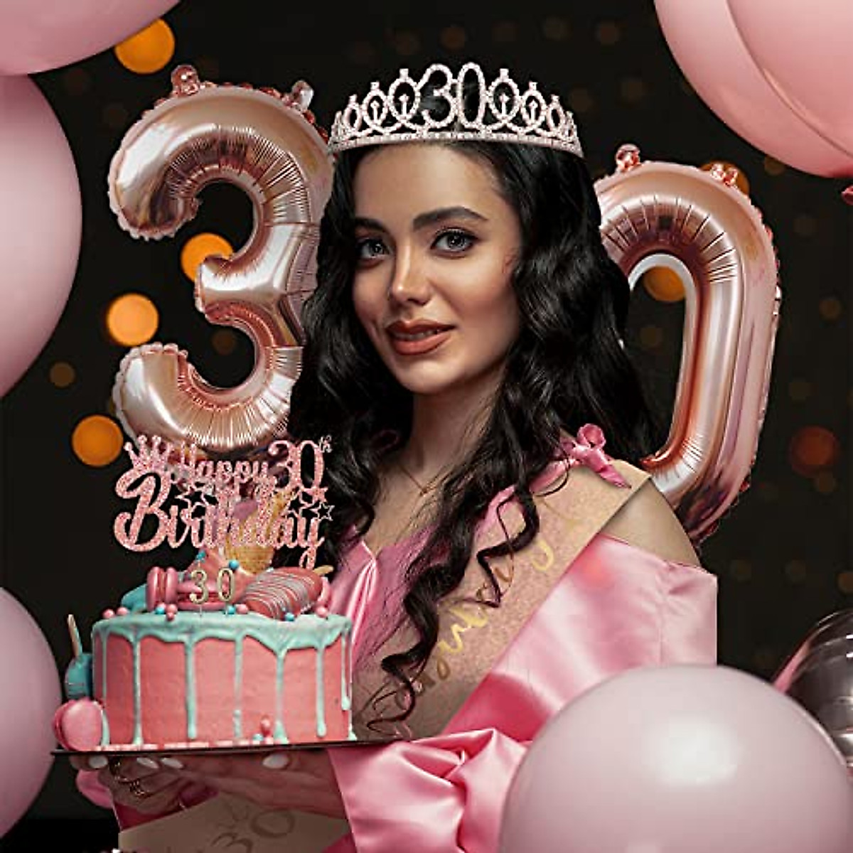 30th Birthday Decorations for Her - 5pcs Gifts Including 30th Tiara Crown, Sash, Cake Toppers, Balloons, Birthday Candles, 30 Birthday Gifts for Women