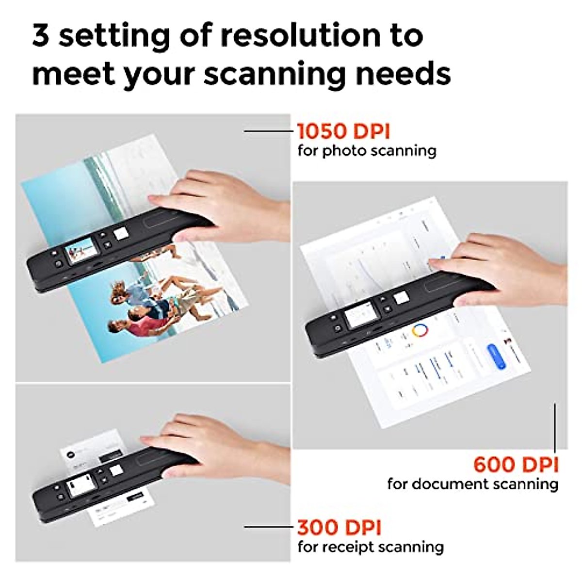MUNBYN Portable Scanner, Photo Scanner for Documents Pictures Texts in 1050DPI, Flat Scanning, Included 16GB Card, Photo Scanner uses Built-in Wi-Fi or USB Uploads Images to PC or Cellphone, No Driver