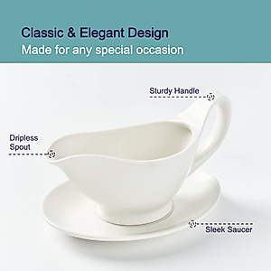Dinnerlit Gravy Boat with Saucer - 16oz Fine Porcelain Sauce & Salad Dressing Boat (White)