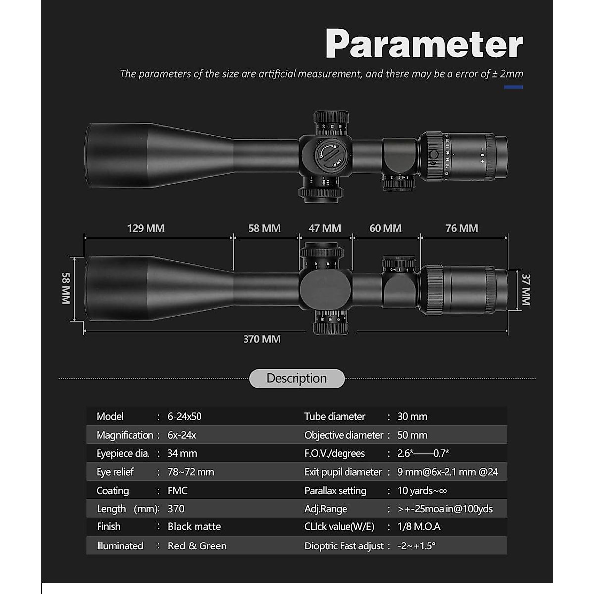 SPINA OPTICS 6-24x50 FFP First Focal Plane Riflescopes with Mil-dot Reticle and Parallax Adjustment, Sunshade Included, Waterproof, Fogproof Black Rifle Scope, 30mm Tube (with 11mm mounts)