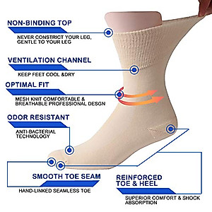 Facool Womens Diabetic Socks, Warm Cushion Cotton Crew Non Binding Loose Top Circulatory Viasox Diabetes Seamless Toe Moisture Wicking Wellness Socks, 6 Pairs Beige Medium