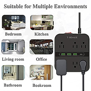 T-SIDAKE Power Strip, with 6 AC Widely Spaced Power Outlets and 4 USB Ports, 6 FT Extension Cord Flat Plug, with Overload Protection, Compact and Easy to Carry for Home/Travel/Office (Black)