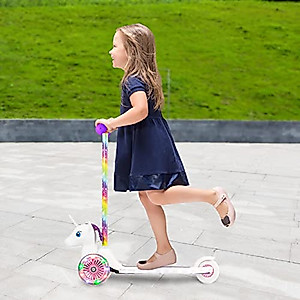 Dimensions Unicorn Kick Scooter for Kids, Self-Balancing 3 Wheeled Light Up Scooter with Extra Wide Anti-Slip Deck, Rear Brake, Lean to Steer, Lightweight Design, for Kids 3 and up, 75 LB Limit