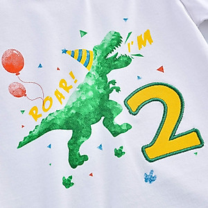 WAWSAM 2nd Birthday Boy Shirt Dinosaur Birthday T-Shirt 2 Year Old Toddler Dinosaur Outfit Cotton White Dino Party Shirt
