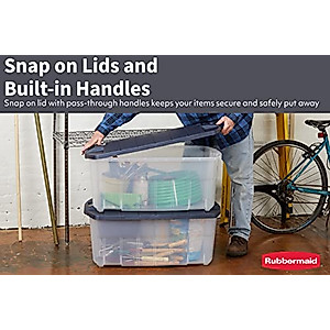 Rubbermaid 28 Gallon Jumbo Clear Tote, Stackable, Large Capacity, Home, Garage, and Office Storage Organizers, Durable Snap-Tight Lids, Clear Bins/Dark Indigo Metallic Lids, Pack of 2