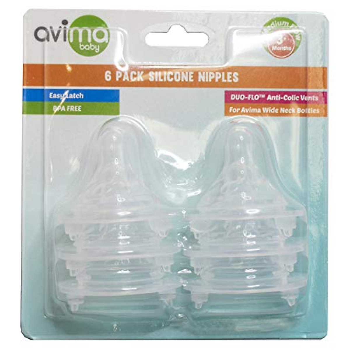 Avima Baby Silicone Nipples for Wide Neck Bottles, Medium Flow 3 Months+ (Set of 6)