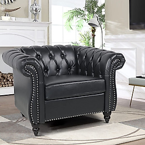 FOKWE Chesterfield Chair Leather, Upholstered Single Sofa Chair, Accent Comfy Club Armchair with Rolled Arms and Nailhead for Living Room, Bedroom (Black)