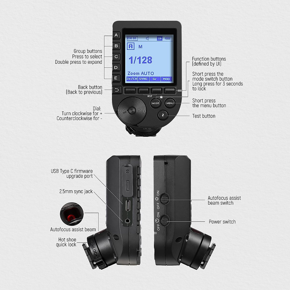 NEEWER QPRO-S TTL Wireless Flash Trigger Compatible with Sony 1/8000s HSS Large LCD Screen Slanted Design 5 Group Buttons 9 Customizable Functions for Q4 Q3 Z2 Z1 Z760 NW760 S101-300W PRO/400W PRO