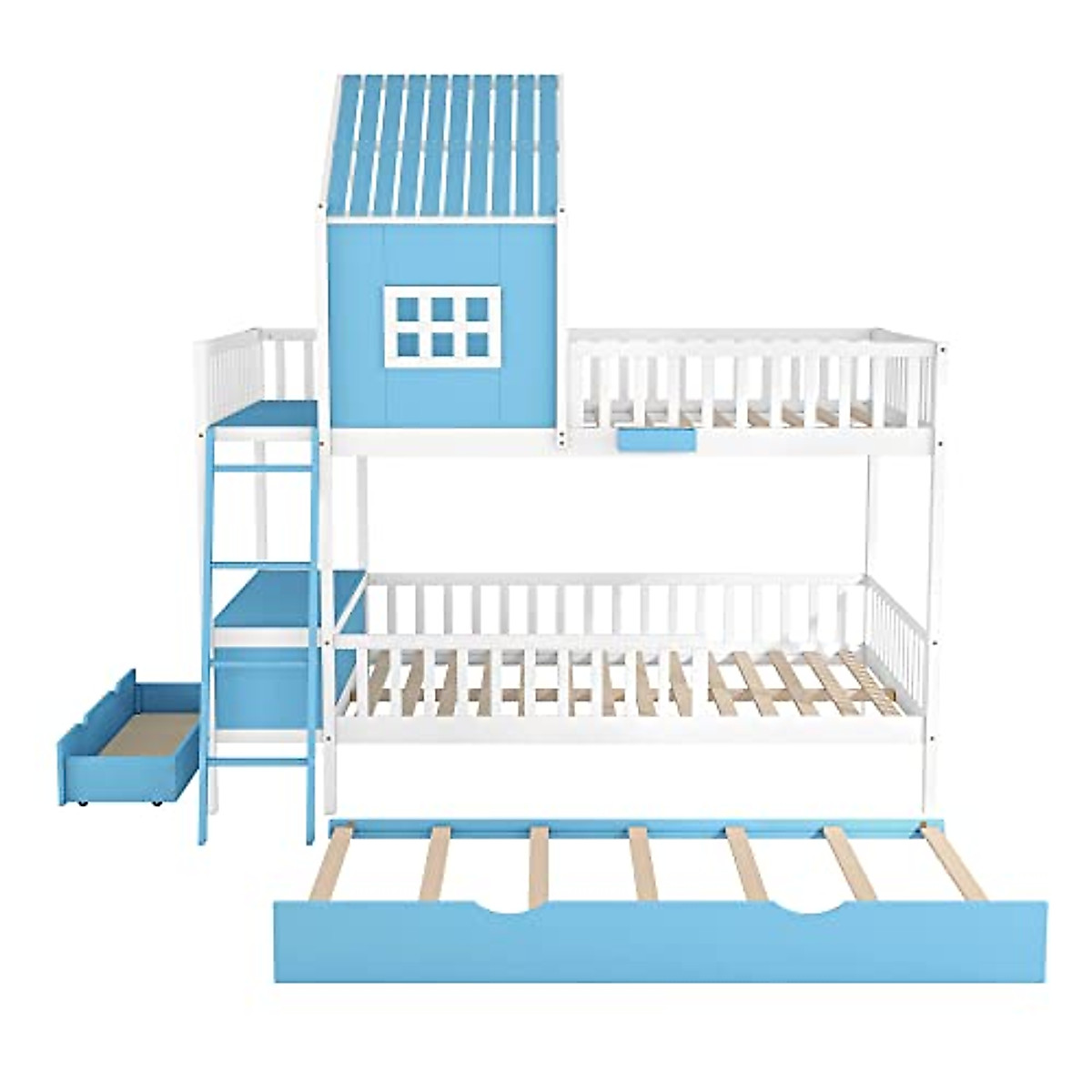 Lepfun Bunk Bed,Full Over Full Size Bunk Bed with Twin Size Trundle Bed, Farmhouse Bed with Storage Box and A Big Drawer for Kidroom,Bedroom and Dorm,Noise Free,No Box Spring Needed,Blue
