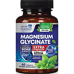 Magnesium Glycinate 425 mg with Calcium - Max Absorption Magnesium Tablets for Muscle, Nerve, Bone & Heart Health Support, Minor Muscle Cramp Support - Non-GMO, Vegan Supplement - 60 Tablets