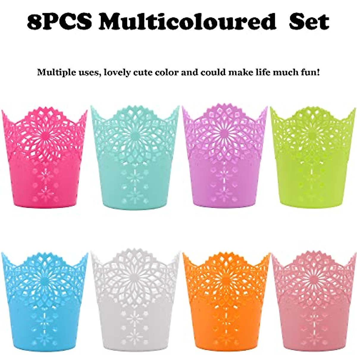 AOKIVIGOA 8pcs Set Pencil Holder Cup Lovely Cute Plastic Hollow Flower Pencil Pots for Office School and Home Pen Ruler Stationery Makeup Brush Storage Organizer with Sticky Notes (Multicoloured)