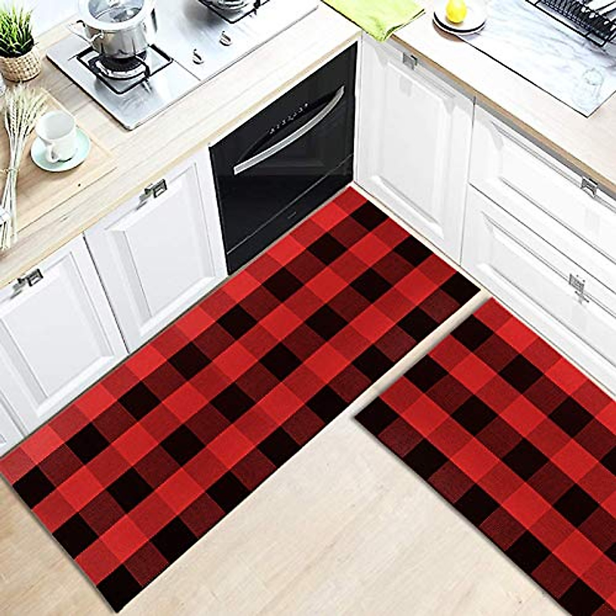 Buffalo Plaid Area Rug, 23.6 x 51.2 inch Kitchen Rug Cotton Outdoor Mat for Porch Bathroom Carpet Living Room Indoor Doormat, Black and Red