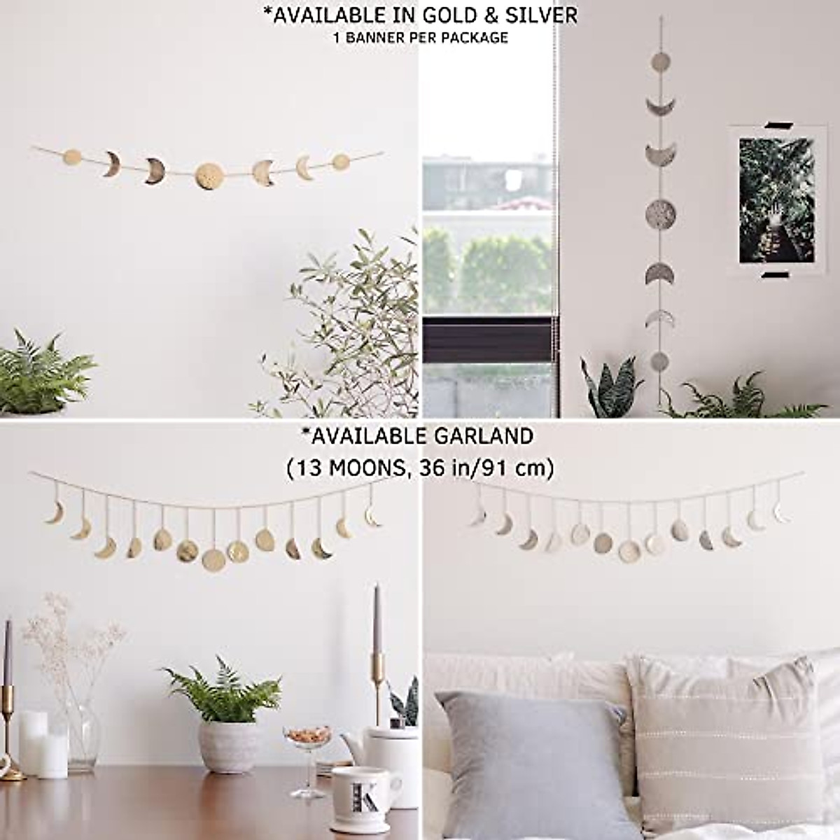 Moon Phase Wall Hanging [Handmade Hammered Gold Metal 7 Moons 34" Banner] Phases of the Moon, Celestial Lunar Decorative Wall Art, Bohemian Aesthetic, Christmas Boho Decor for Living Room Girl Gift