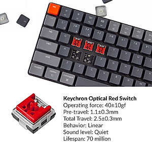 Keychron K3 75% Layout 84-Key Ultra-Slim Hot-Swappable Wireless Bluetooth Mechanical Keyboard with Low-Profile Keychron Optical Red Switch/White LED Backlight/USB Wired for Mac Windows-Version 2