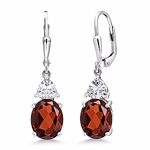 Gem Stone King 925 Sterling Silver Red Garnet and White Zirconia Dangle Earrings For Women (5.00 Cttw, Gemstone January Birthstone, Oval 10X8MM, Trillion 5MM)