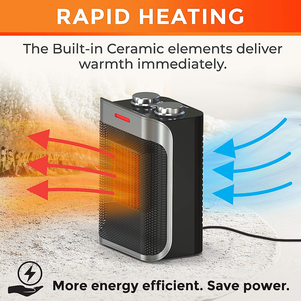 Mueller Portable Space Ceramic Heater 750W/1500W, High Output Fan, Adjustable Thermostat, with overheat/tip over protection for Home Bedroom or Office, ETL Certified