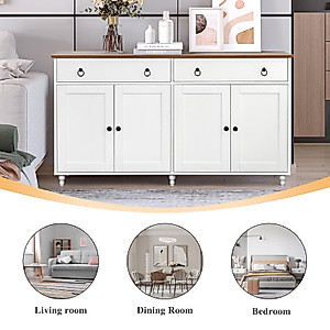 4 EVER WINNER Sideboard Buffet Cabinet, 55” White Coffee Bar Buffet Cabinet with Storage 4 Doors& 2 Drawers, Kitchen Buffet Storage Sideboards Cabinets Table Credenza Cupboard for Living Dining Room