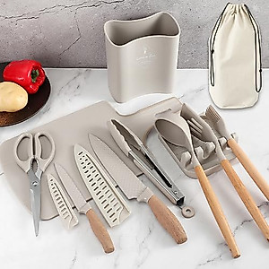 Kitchen Utensils Set-Cooking Utensils Set, 13-in-1 Kitchen Set with 8 Pieces Cooking Utensils+5 Pieces Knife Set with Block, Kitchen Utensils Non Stick and Heat Resistant Large Silicone Spatula, Khaki