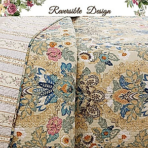 Cozy Line Home Fashions Luxury Classic Bedding Quilt Set, 100% Cotton Beige Blue Floral Pink Flower Bohemian Style Reversible Bedspread Coverlet (Art Painting, King - 3 Piece)