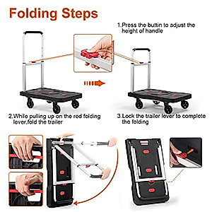 Double Rhombus Folding Hand Truck Platform Truck 330 Lbs Heavy Duty Dolly Cart with Wheels, Fully Folded Push Cart, Portable Trolley Utility Cart for Easy Storage, Garage Moving Shopping Home Office