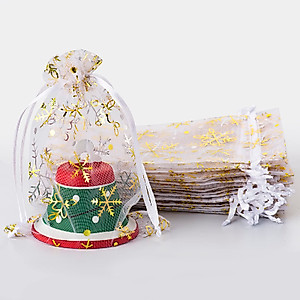 HongyiTime 100 PCS 4X6 inch Snowflake Organza Gift Bags Christmas, White Mesh Jewelry Pouches Little Drawstring Candy Bags