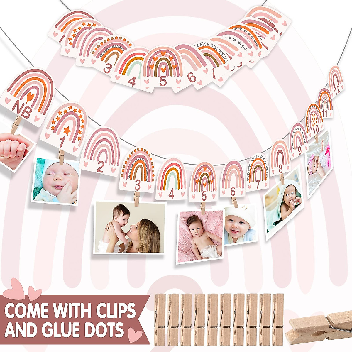 13 Pcs Rainbow First Birthday Photo Supplies Rainbow Baby Monthly Milestone Photo Banner Pink Garland from Newborn to 12 Months for Boho Birthday Party Supplies Photo Booth Props Decor