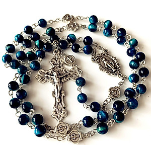 elegantmedical Handmade Blue Tiger Eye Beads Our Lady of Grace Rosary Cross Necklace Catholic Gifts